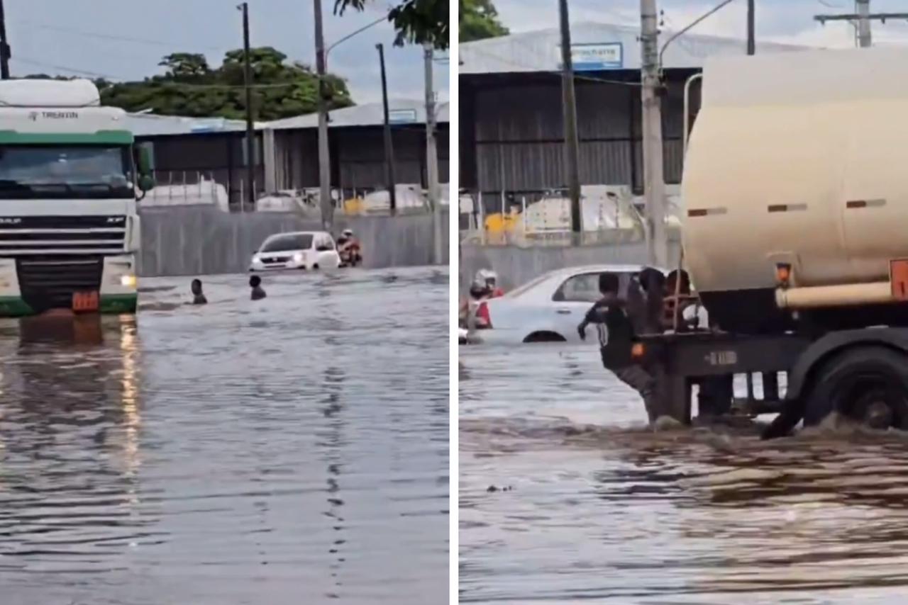 Olha o perigo! Crianças transformam rua alagada em 'piscina' e brincam ...